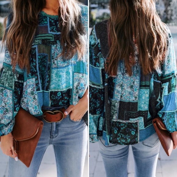 Tops | 37 Blue Boho Floral Patchwork Top | Poshmark